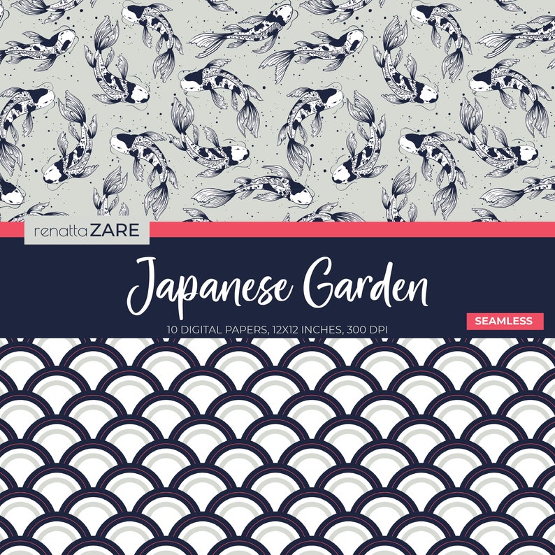 Japanese Digital Patterns. Koi Fishes and Lotus. 10 Seamless Digital ...