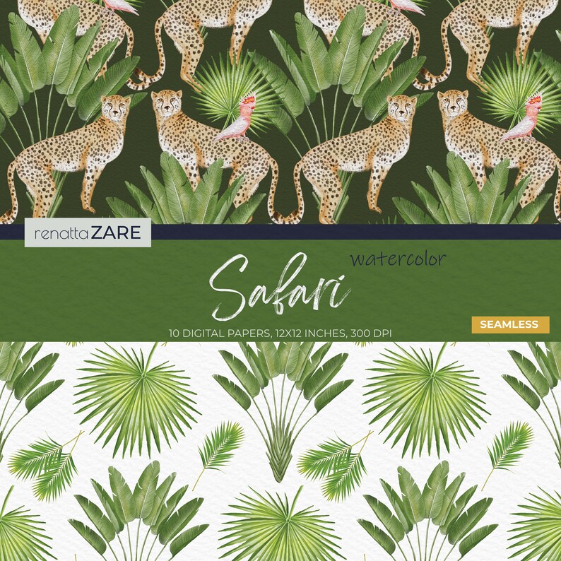 Safari Animals and Plants Digital Patterns. 12x12 In, 10 JPG Seamless ...