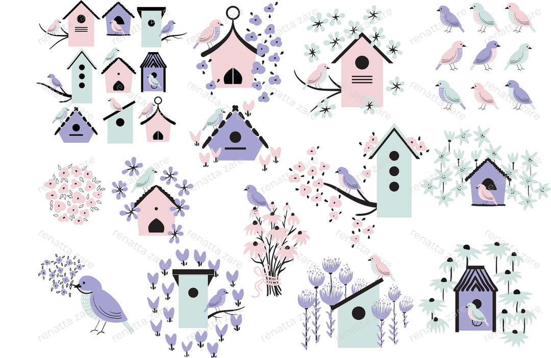 Birds, Birdhouses and Flowers Clip Arts. Set of 14. Vector + PNG and ...