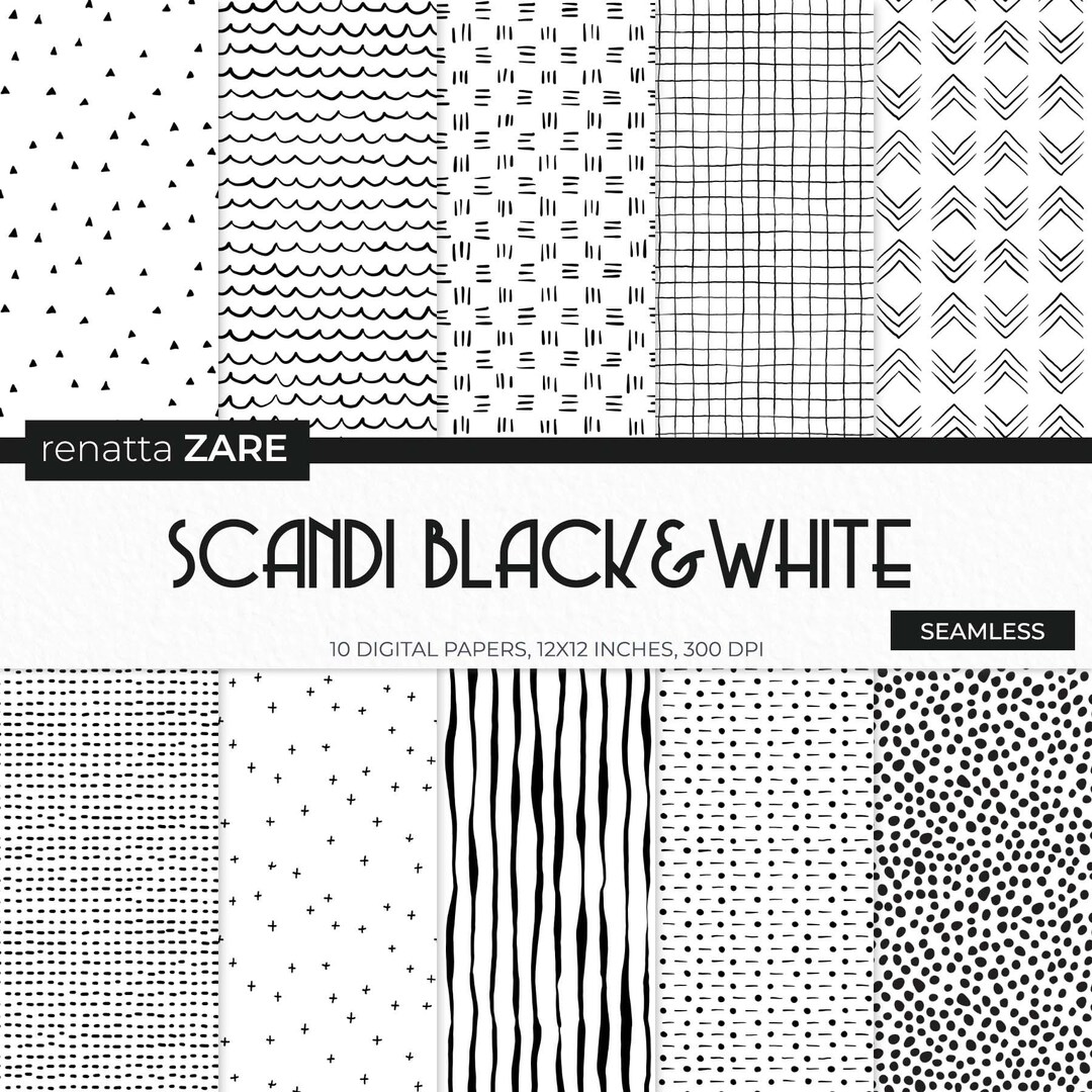 Black & White Scandi Doodle Patterns, Scandinavian Seamless Backgrounds ...