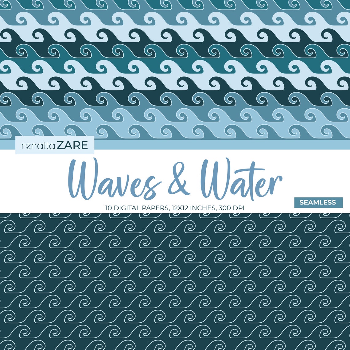 10 Waves and Water Seamless Digital Papers. Sea Water Papers. Blue ...