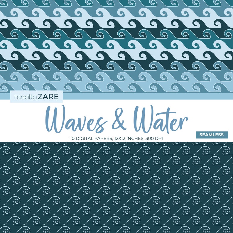 10 Waves and Water Seamless Digital Papers. Sea Water Papers. Blue ...