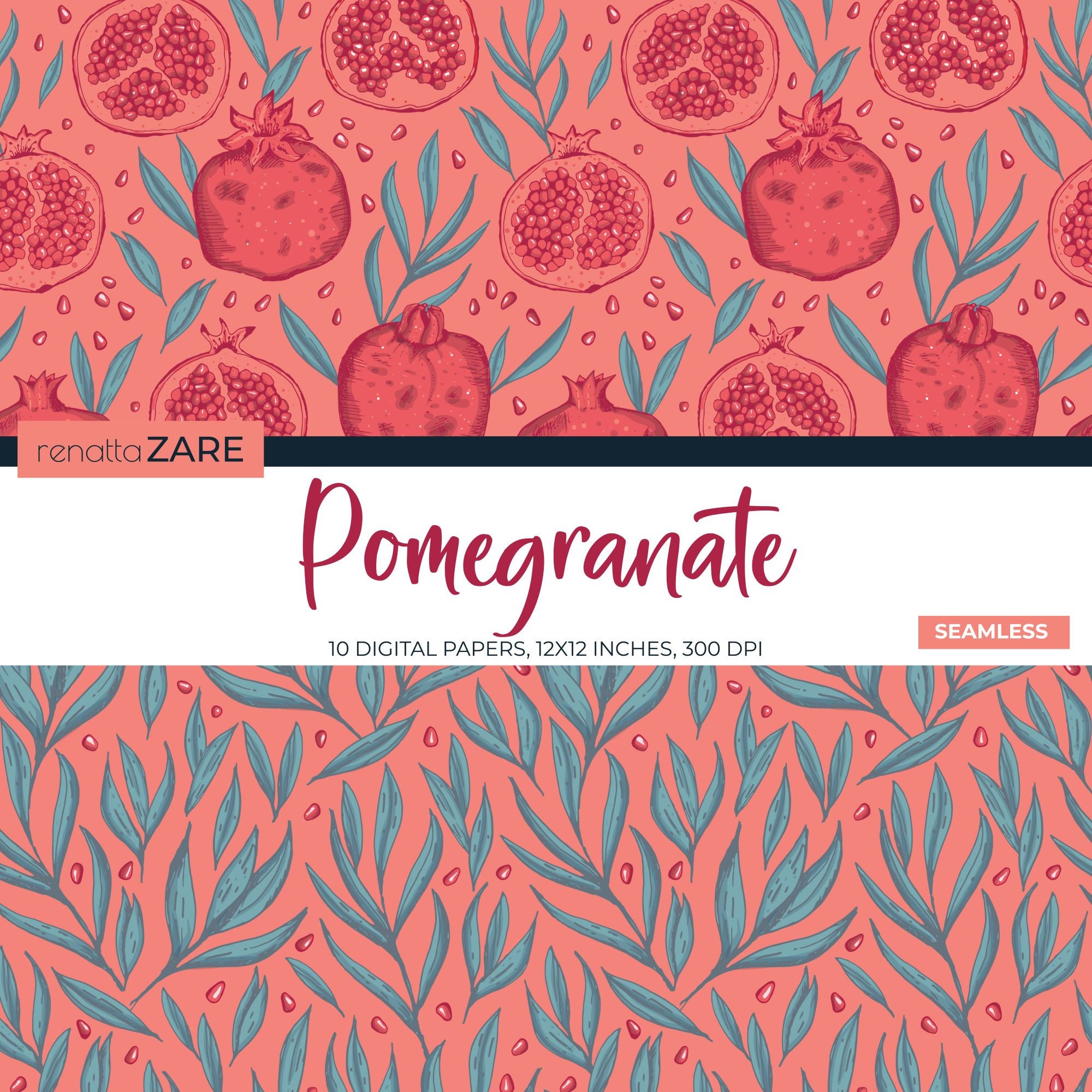 Pomegranate Fruit, Seed, and Flowers Digital Papers. 10 JPG Seamless ...