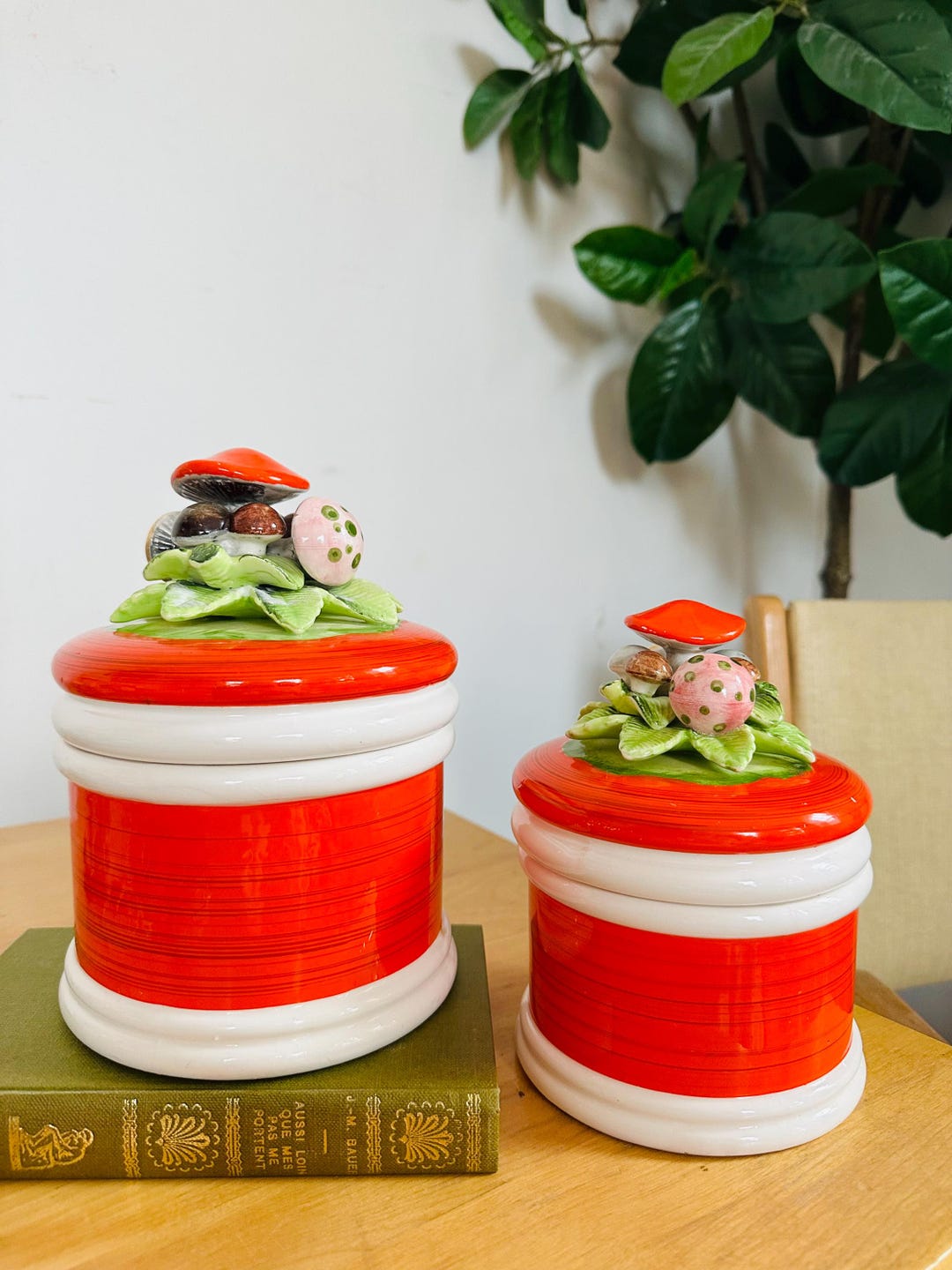 PAIR of Vintage Orange Mushroom Container Canister Cookie Jar Ceramic ...