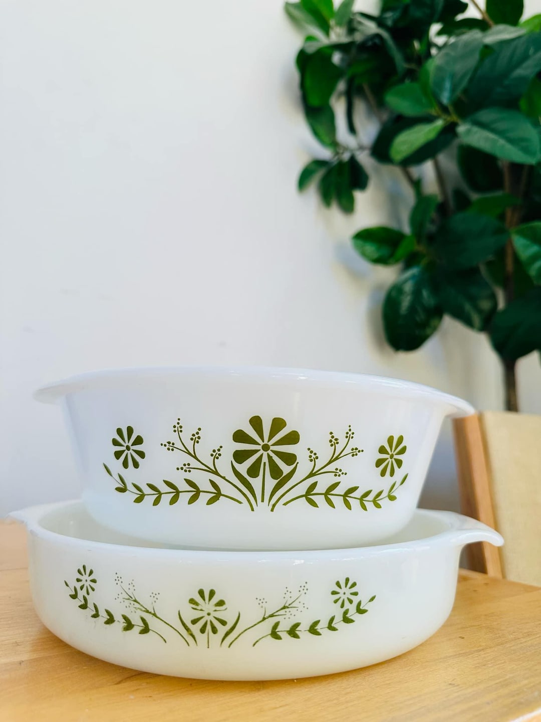 Set of 2 Vintage Pyrex Glasbake Made in USA Milkglass Green Flower ...