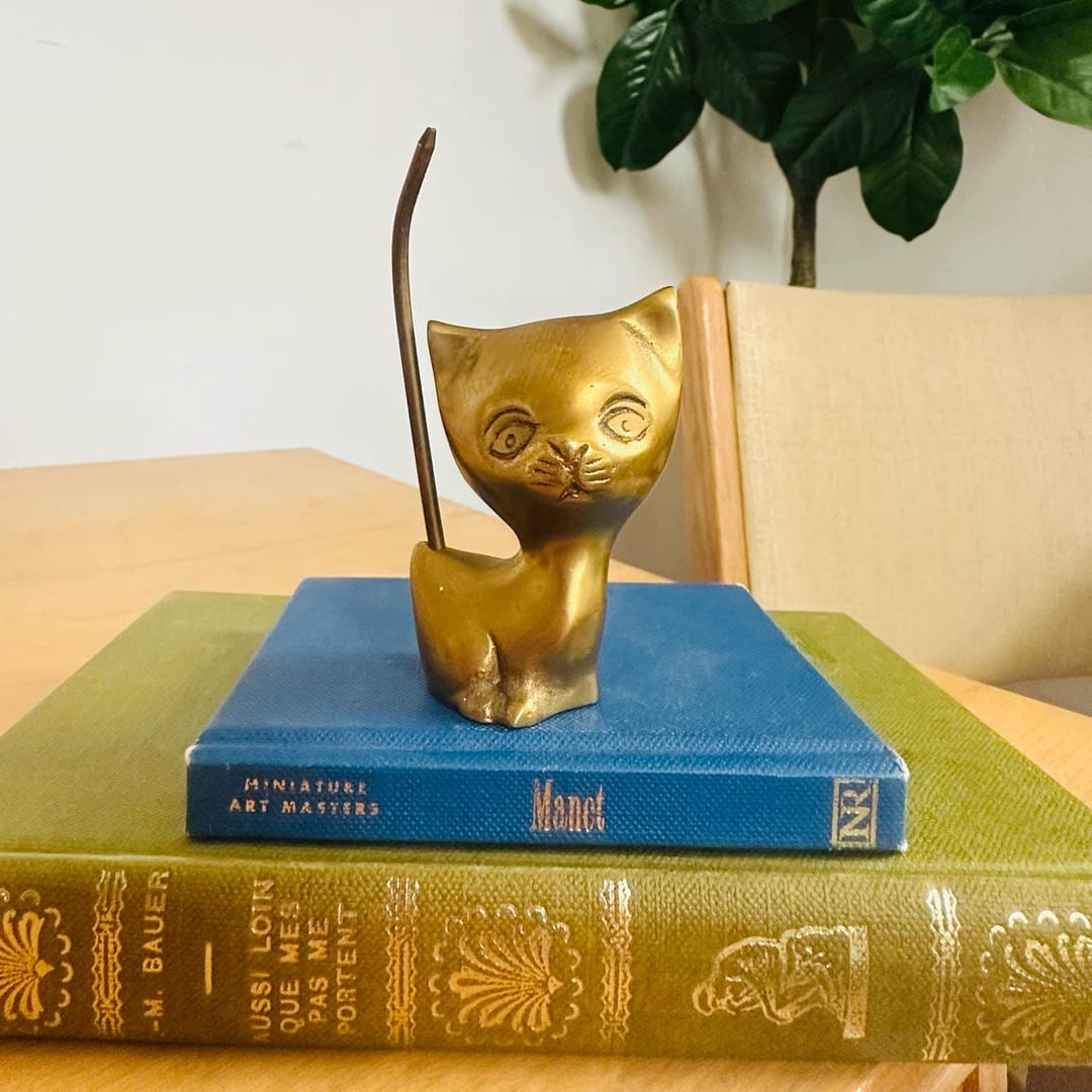 Vintage Solid Brass Cat Figurine Ring Holder Paper Stabber Receipts ...