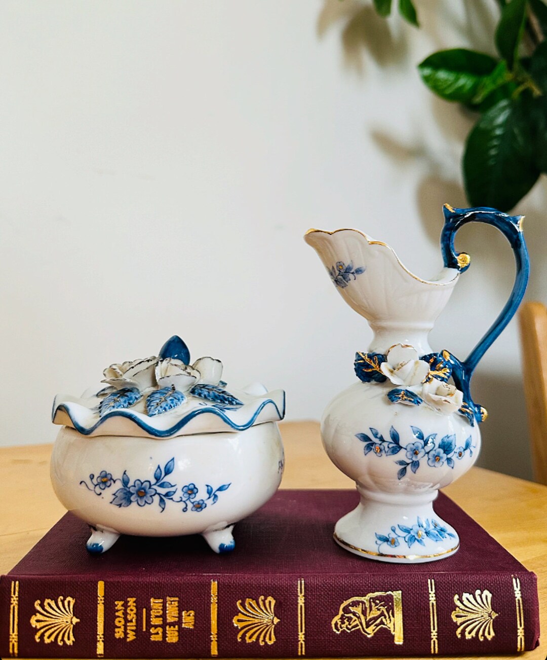 SET of Vintage Lego Brand Set Pitcher Box Porcelain Blue Flowers Gold ...