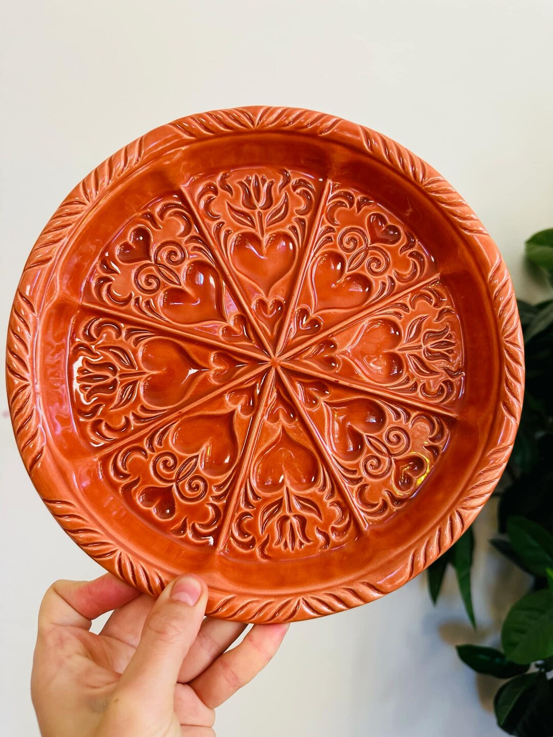 Vintage Ceramic Plate Cookie Mold Pie Plate Dish Burnt Orange Heart ...