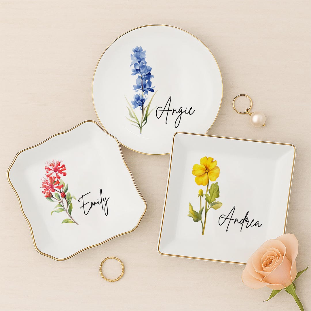 Personalized Jewelry Dish – Custom Name Ring Dish Birth Flower ...
