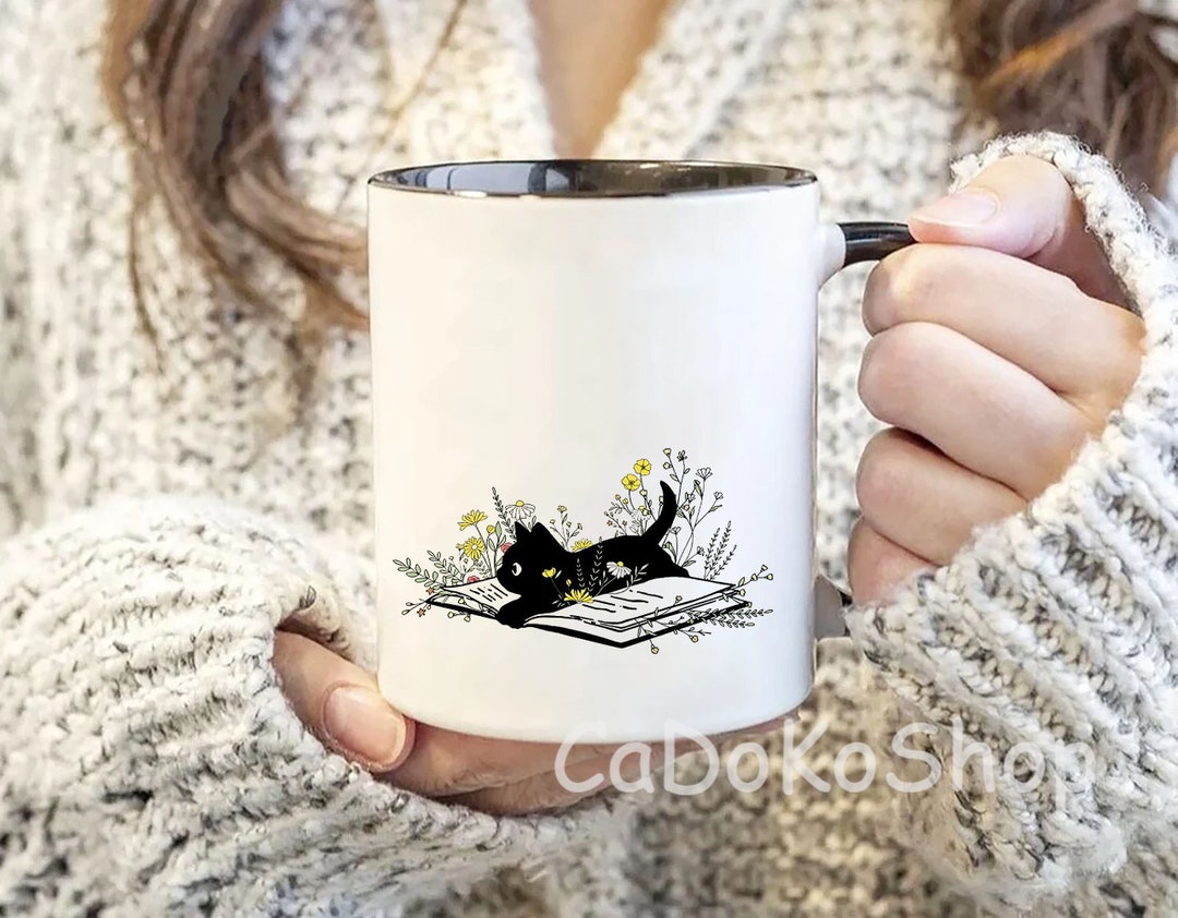 Black Cat Mug, Bookish Mug, Book Reader Gift, Book Lover Coffee Mug ...