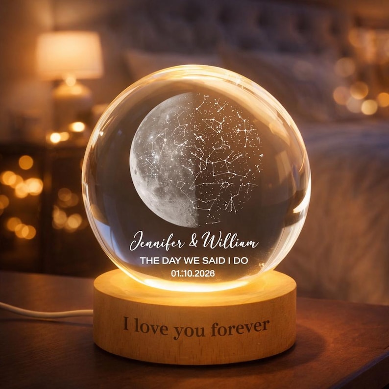 Custom Moon Phase & Star Map by Date Lamp, Personalized Crystal Ball ...
