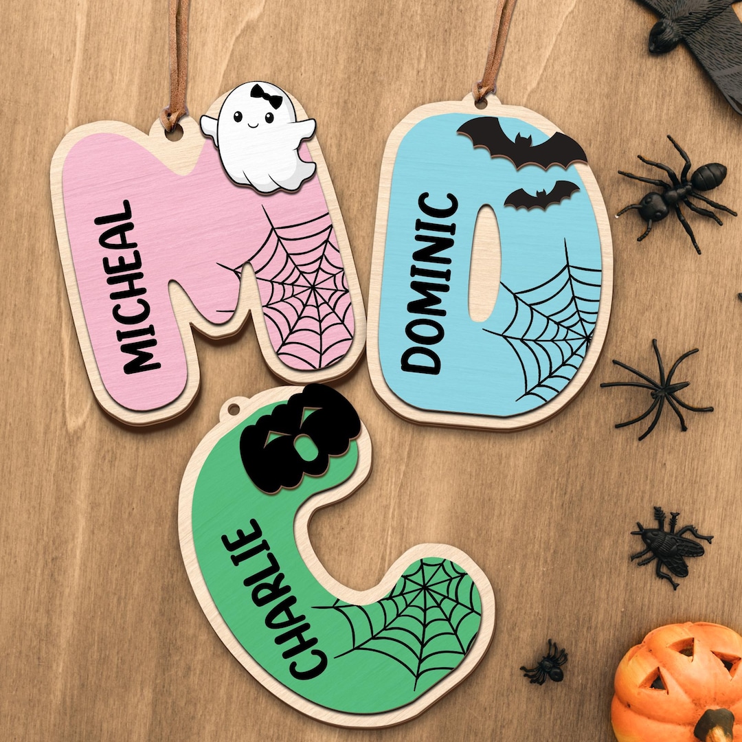 Personalized 3D Halloween Kid Tags, Initial Halloween Name Tag for Kids ...