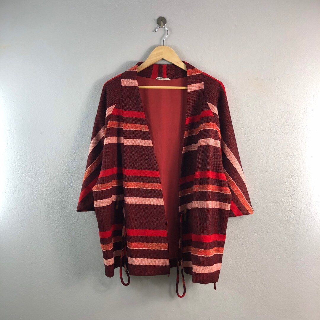 80s Kimono Red Vintage Striped Pattern Japanese Traditional Light ...