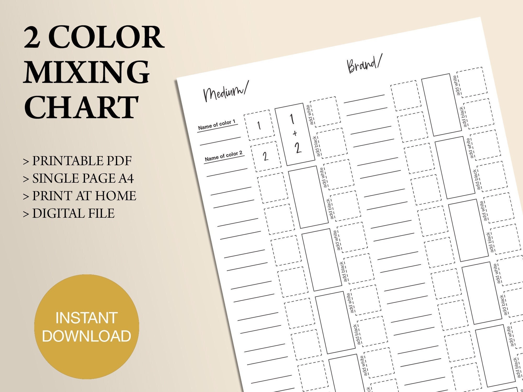 2 Color Mixing Combination Chart Sheet Printable PDF Download, Color ...