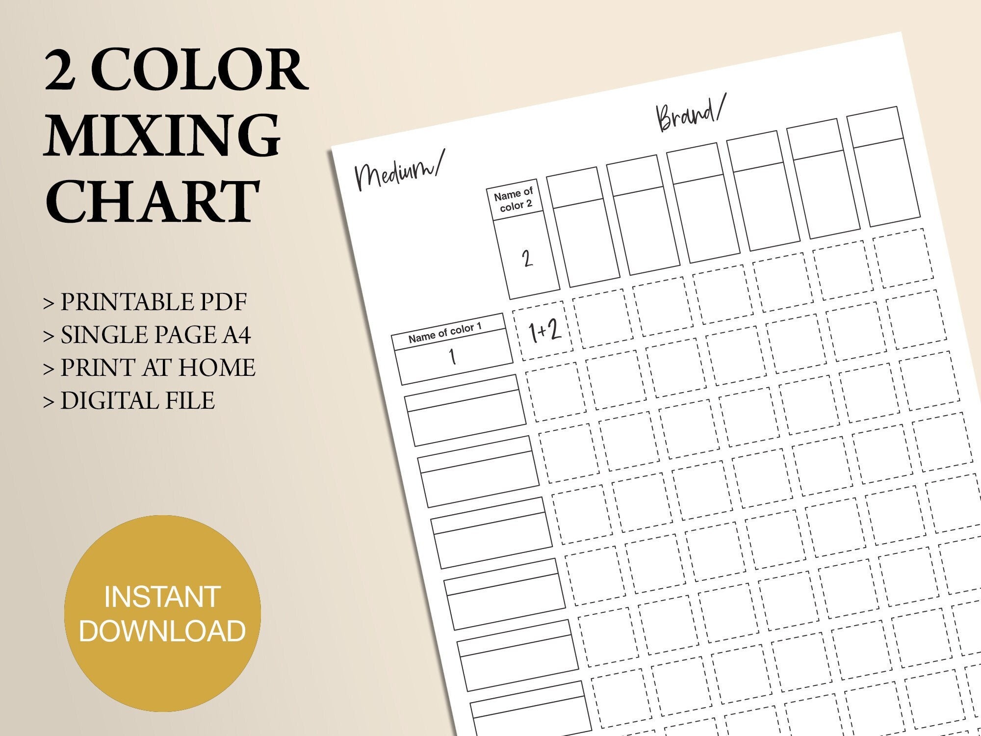 2 Color Mixing Combination Chart Sheet Printable PDF Download, Color ...