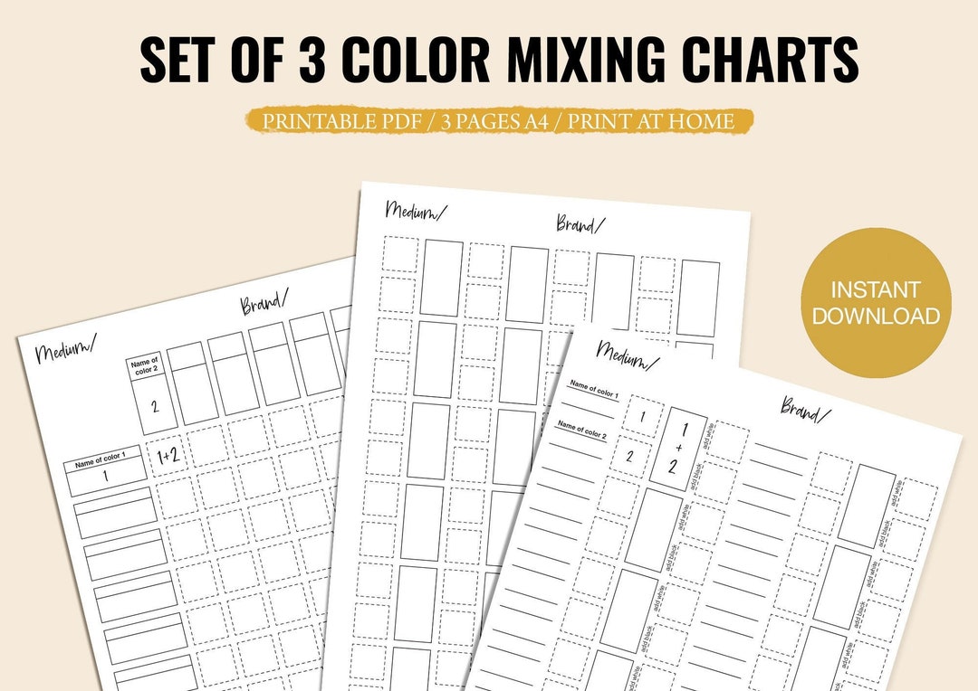 Set of 3 Color Mixing Combination Charts Printable PDF Download, Color ...
