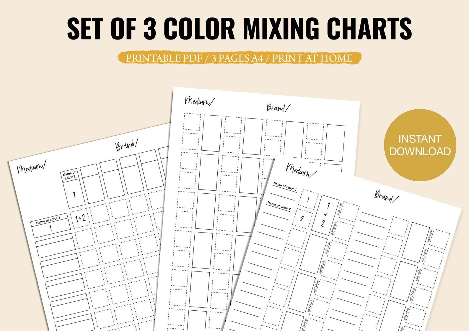 Set of 3 Color Mixing Combination Charts Printable PDF Download, Color ...