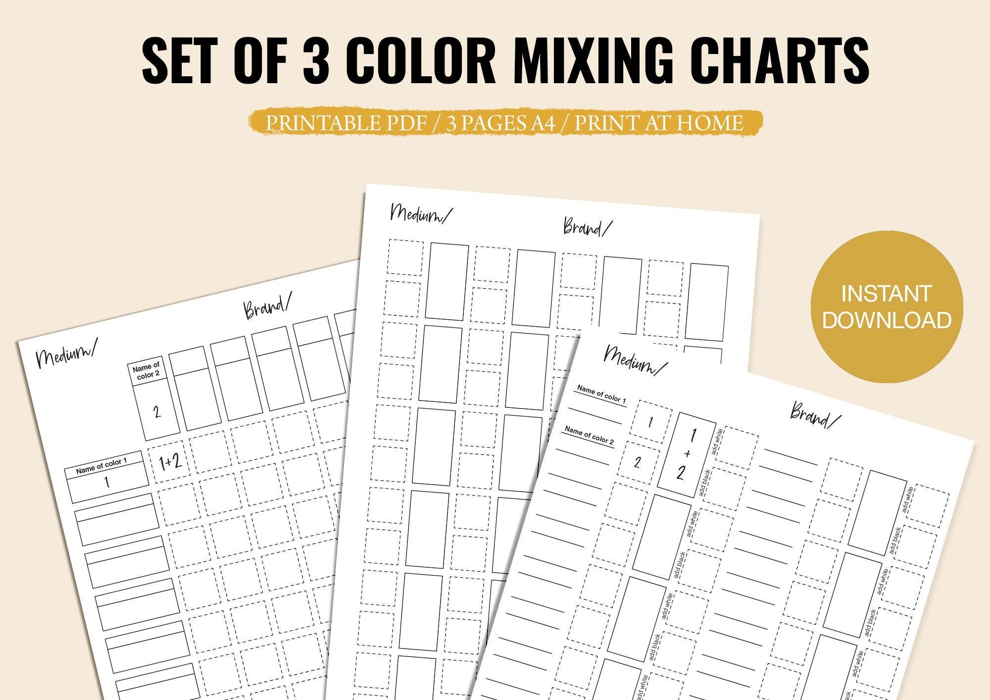 Set of 3 Color Mixing Combination Charts Printable PDF Download, Color ...