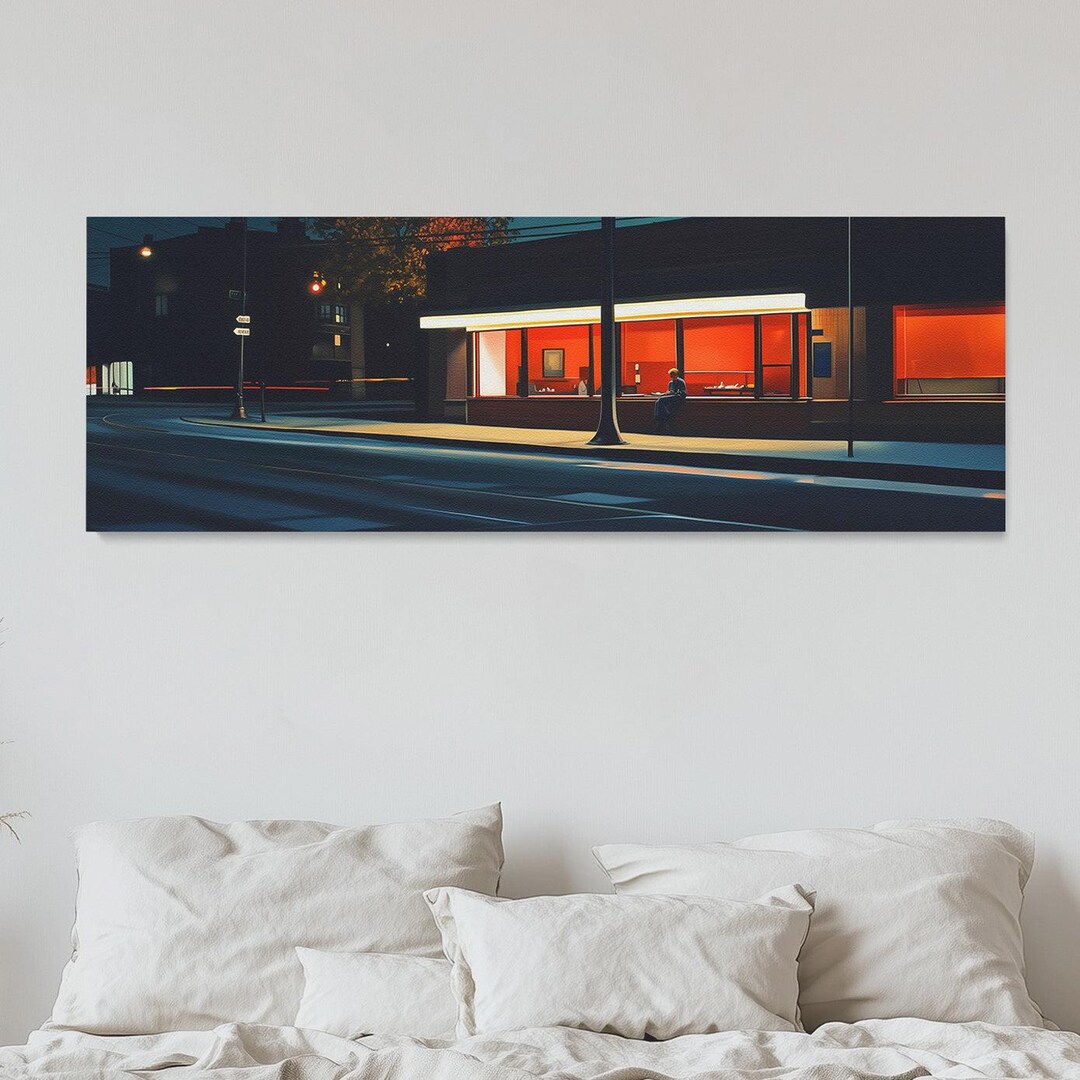 Street Art Night Scene Canvas Landscape Art, Horizontal Wallart, House ...