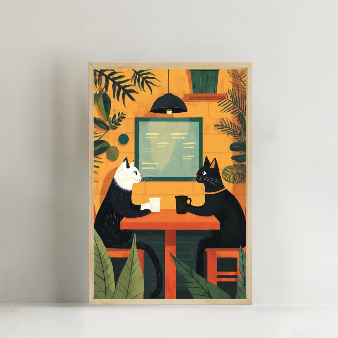 Cats at the Coffee Shop Print Illustration of 2 Cats Drinking Coffee ...