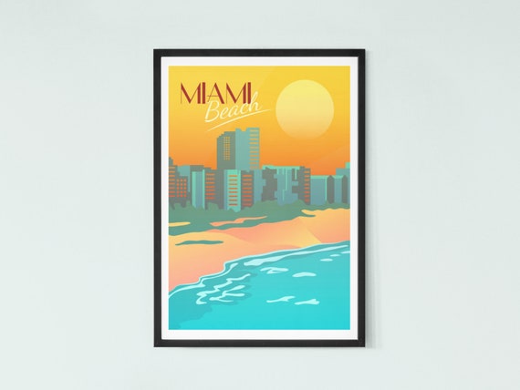 Miami City Beach Travel Poster Contemporary Illustration Art - Etsy
