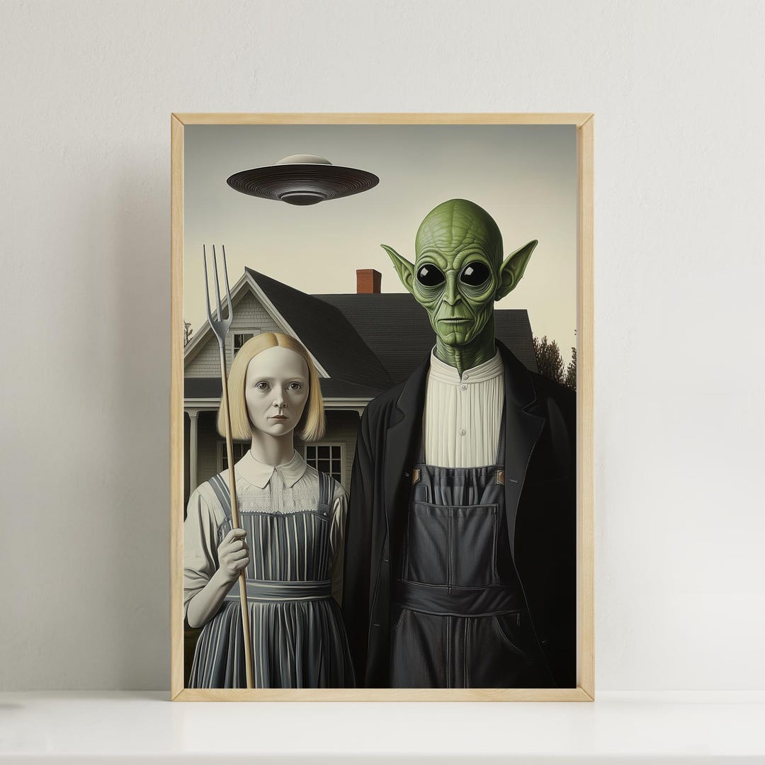 Alien American Gothic Print Altered Art Funny UFO Aliens Poster Print ...