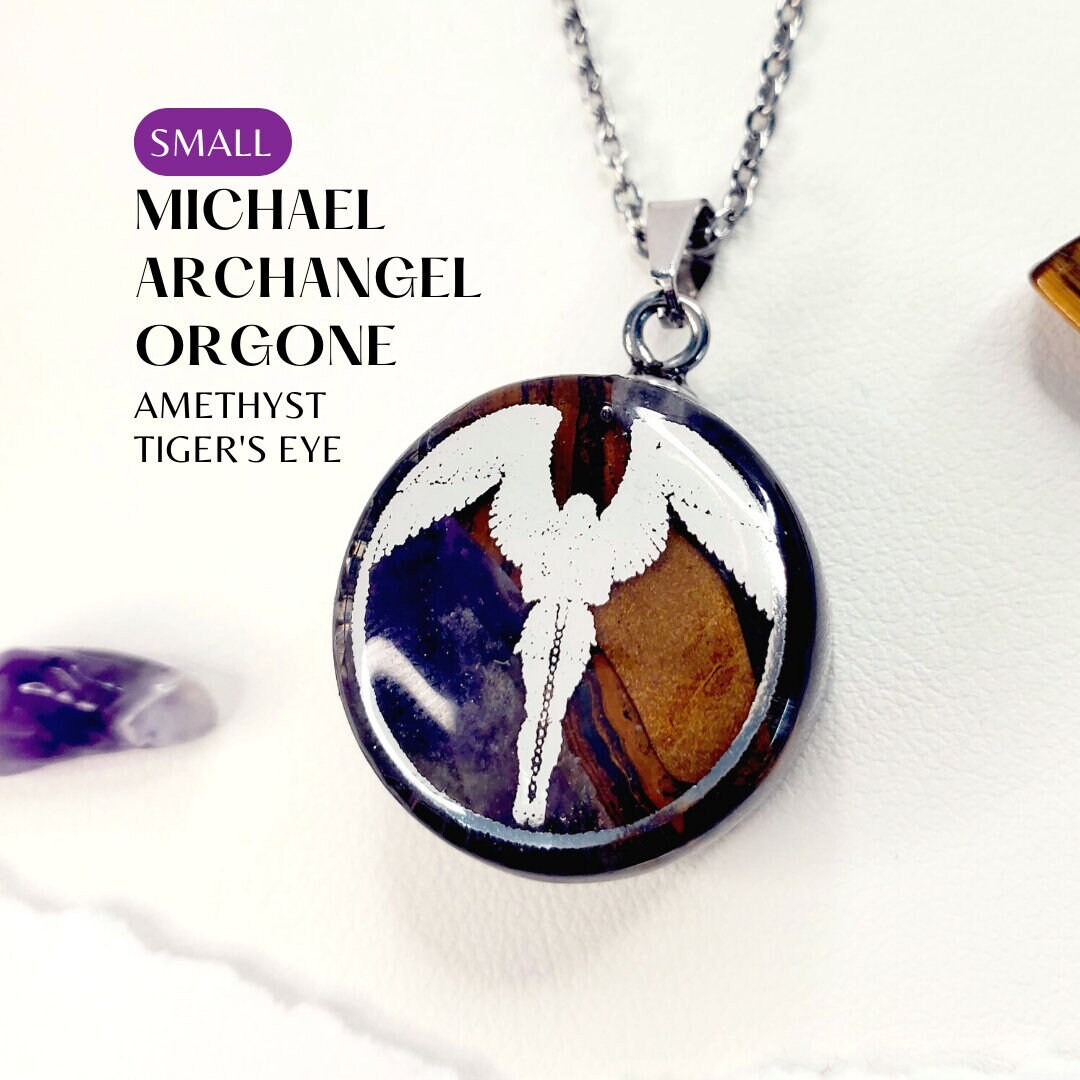 Michael Archangel Orgonite Pendant With Amethyst Crystal, Tiger's Eye Stones. EMF Protector With ...