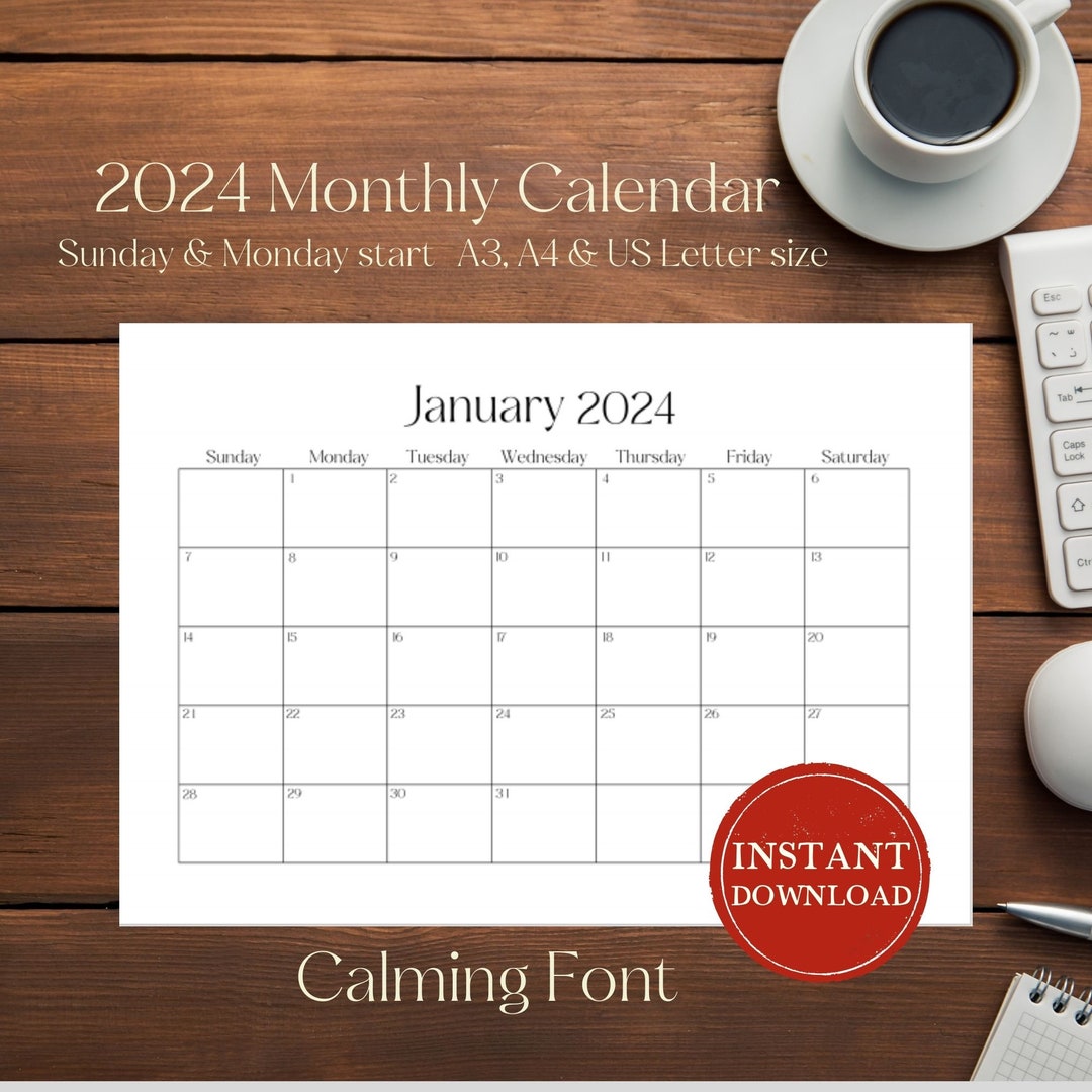 Printable Calendar 2024, Calendar Printable, Monthly Planner Printable ...