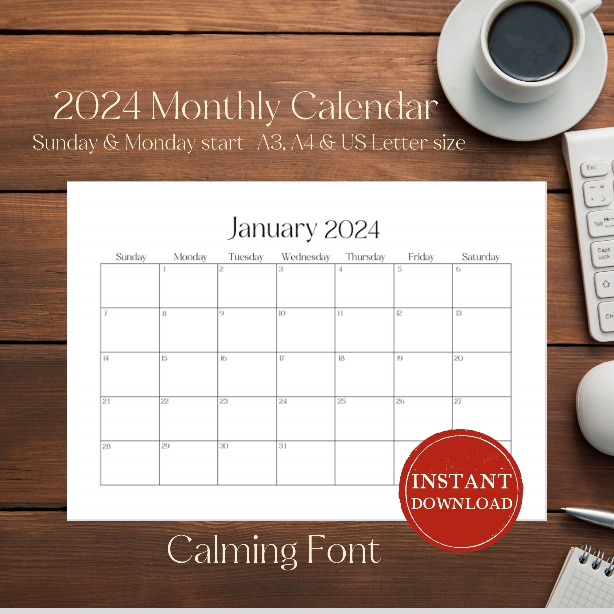 Printable Calendar 2024, Calendar Printable, Monthly Planner Printable ...