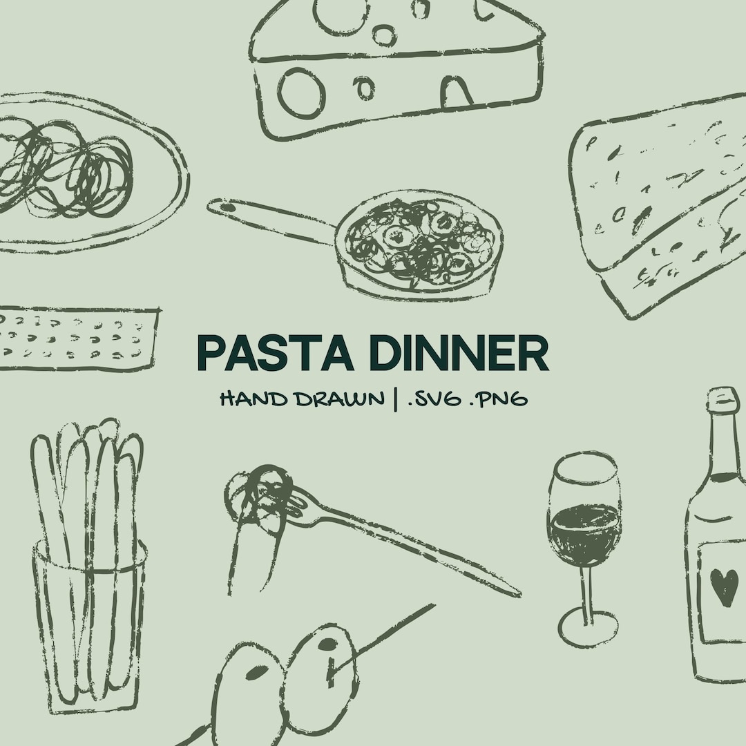 Hand-drawn Pasta Dinner Party Illustration Set | Whimsical Italian Food ...