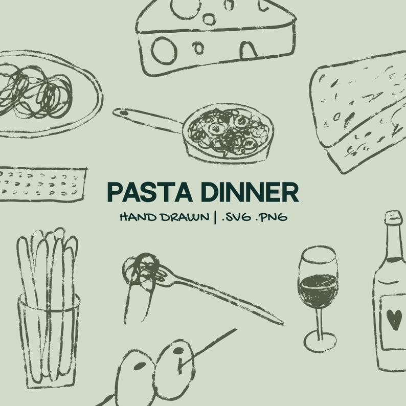 Hand-drawn Pasta Dinner Party Illustration Set | Whimsical Italian Food ...