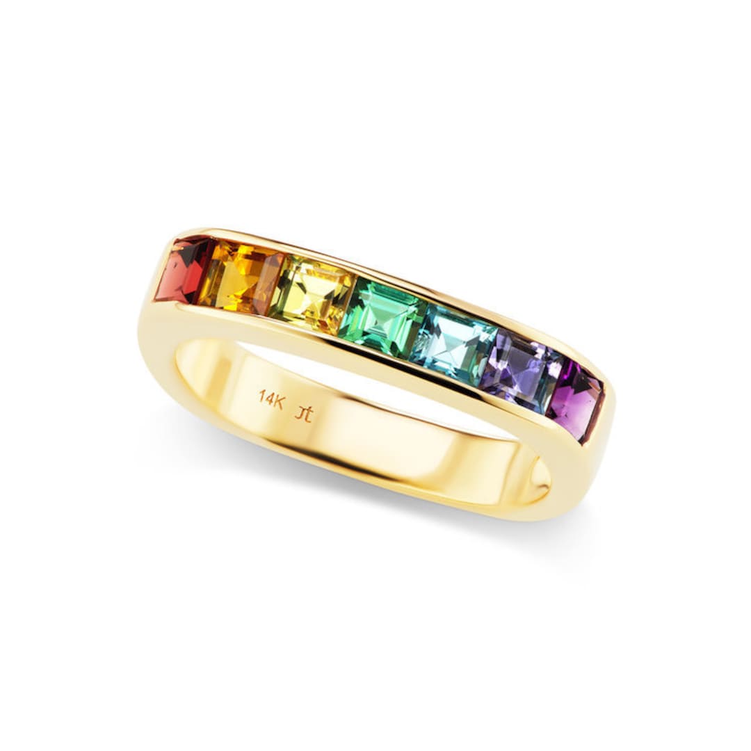 Rainbow Sapphire Ring, 14k Gold Natural Multi Colored Sapphire Stone Full Eternity Ring ...