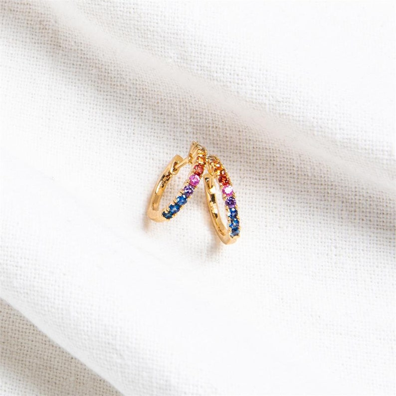 Rainbow Sapphire Hoops Earrings in 14k Gold, Natural Multi Sapphire ...