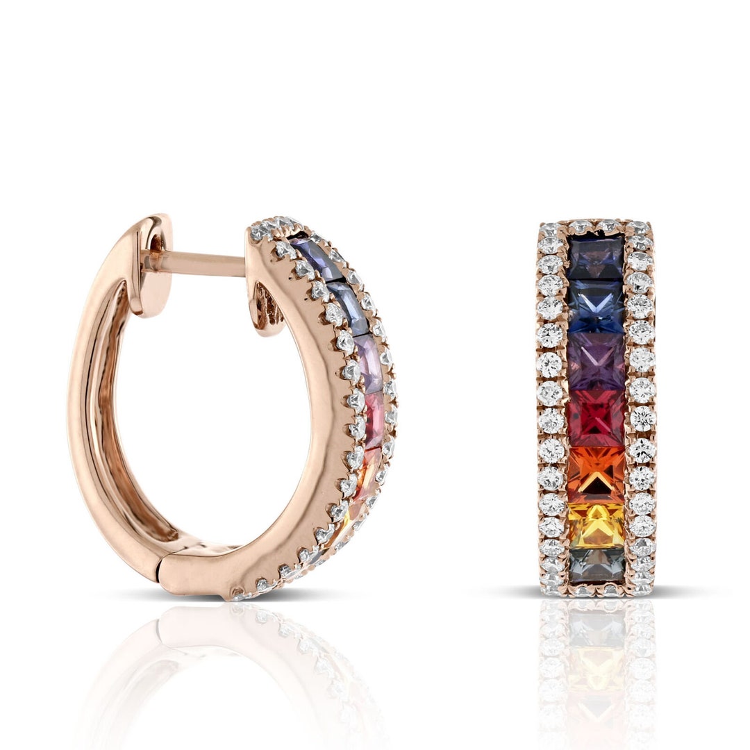 Rainbow Sapphire Hoops Earrings 14k Gold, Natural Multi Sapphire ...
