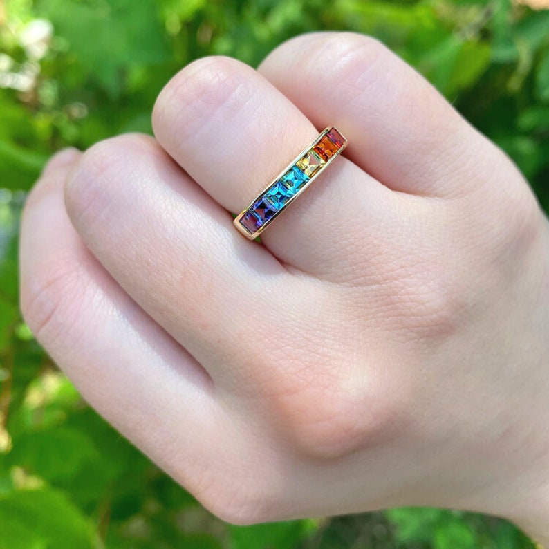 Rainbow Sapphire Ring, 14k Gold Natural Multi Colored Sapphire Stone Full Eternity Ring ...