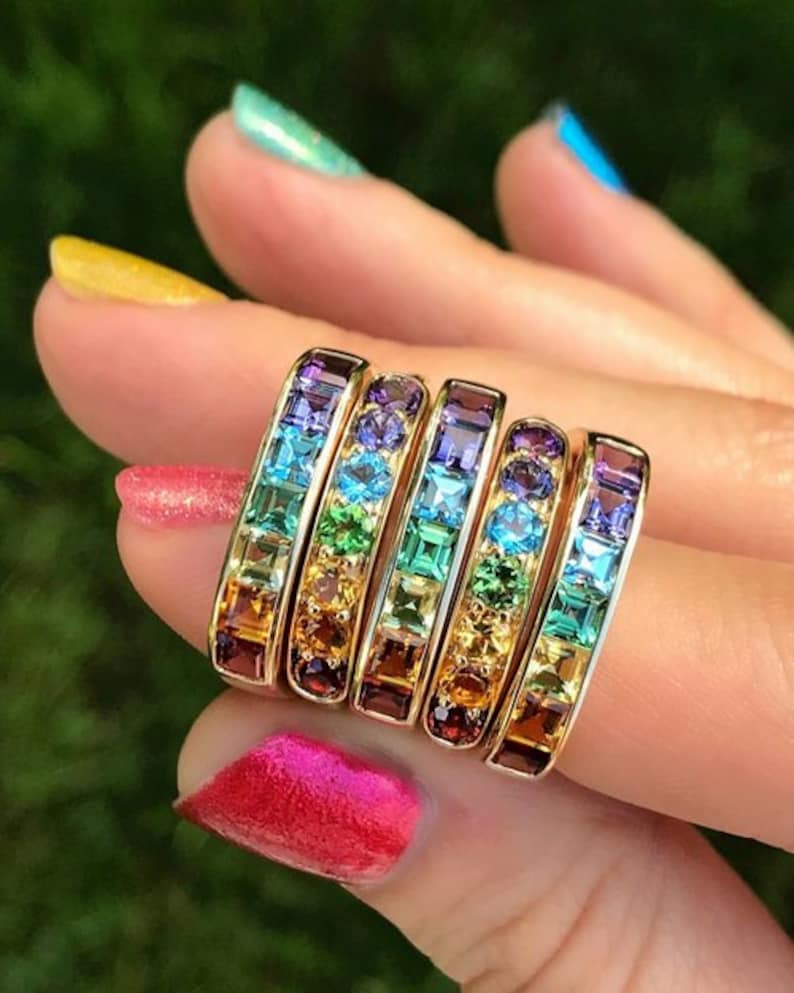 Rainbow Sapphire Ring, 14k Gold Natural Multi Colored Sapphire Stone ...