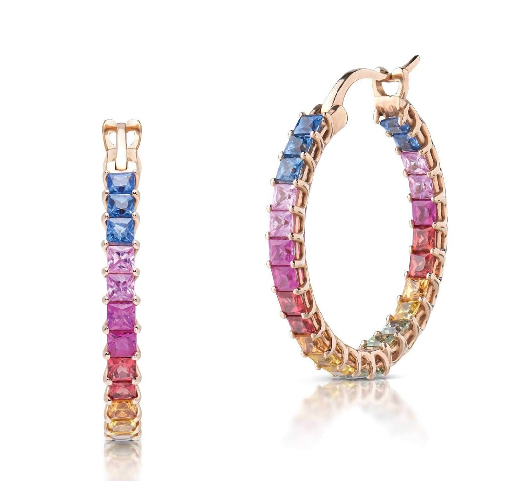 Rainbow Sapphire Hoops Earrings 14k 18k Gold, Natural Multi Sapphire ...
