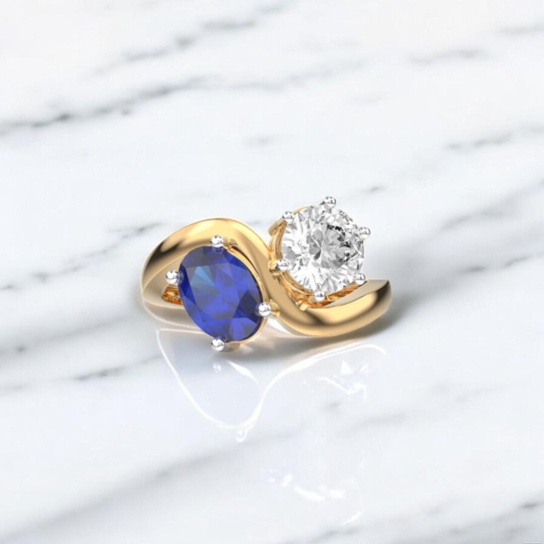 Trellis Double Stone Engagement Ring Oval Cut Blue Sapphire and Round ...