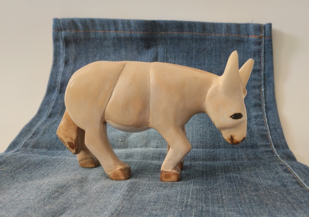 Wooden Donkey, Long Eared White Donkey Looking for Crop, Woodcarving ...