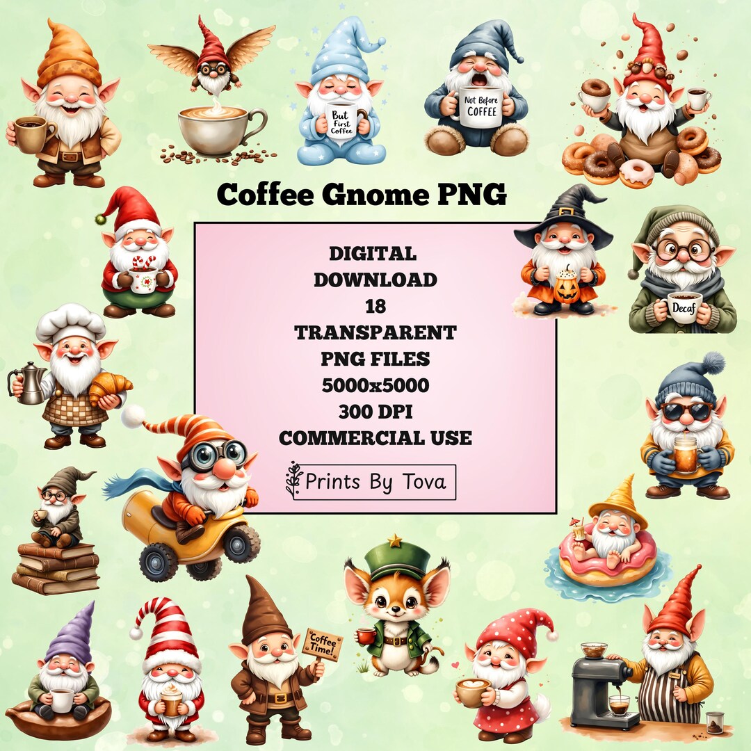 Coffee Gnome Clipart Collection: Watercolor PNG Graphics (commercial ...
