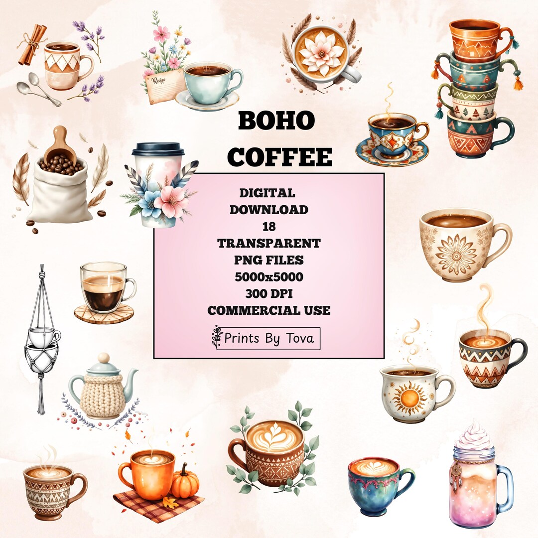 Boho Coffee Clipart Collection: Watercolor PNG Graphics (commercial Use ...