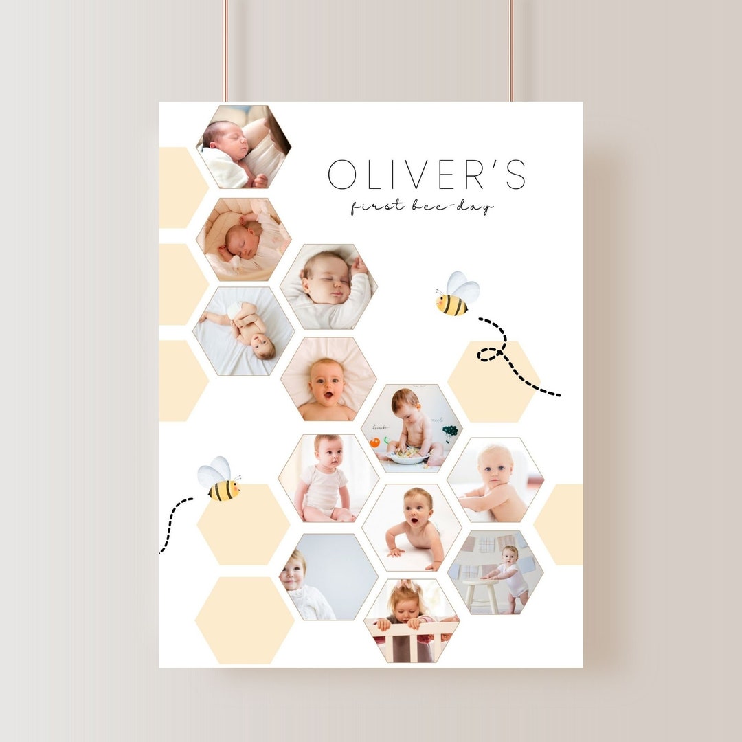 First BEE-DAY Photo Collage Template | Editable on Canva - Etsy