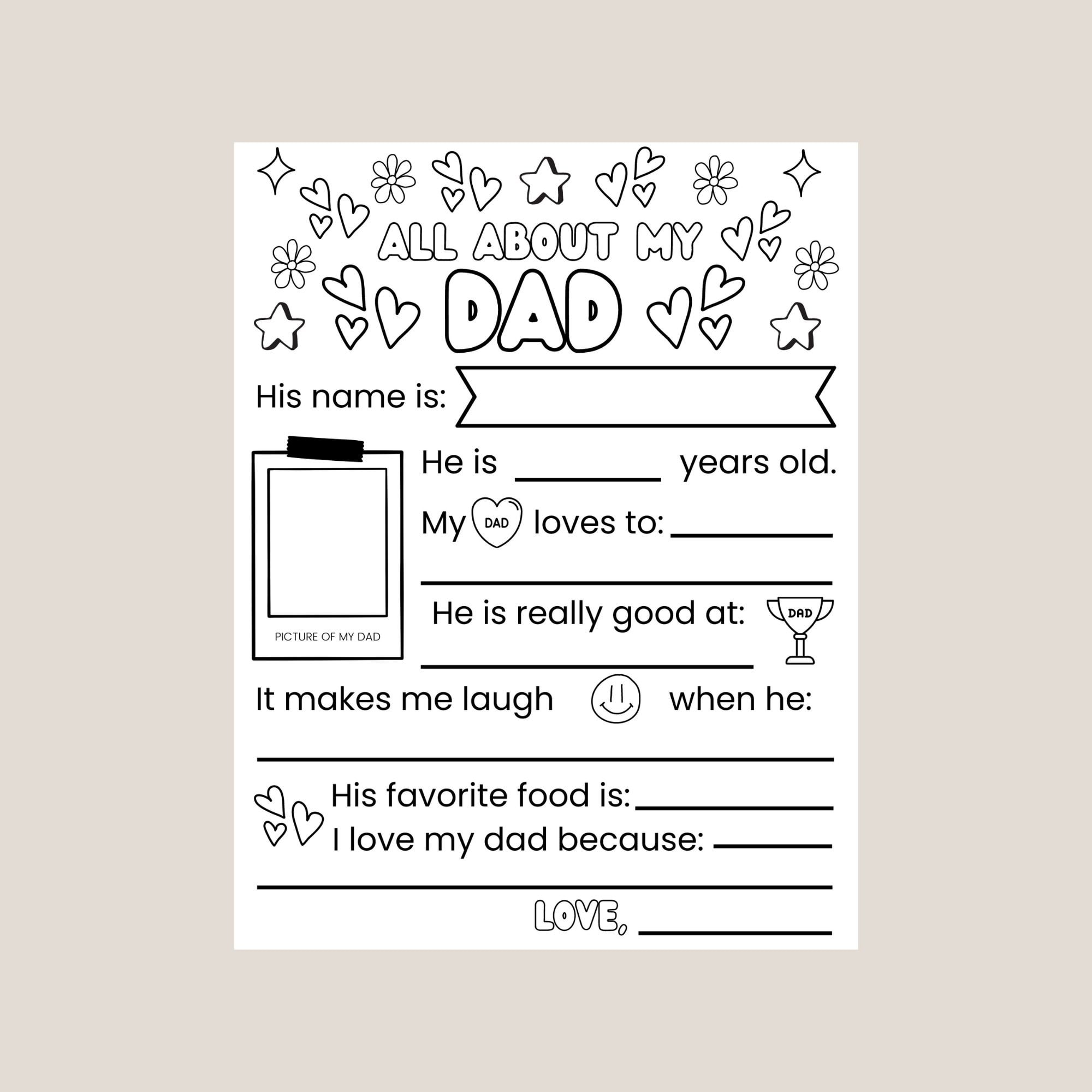 All About My Dad | Letter to My Dad | Coloring Fill in the Blank Sheets ...