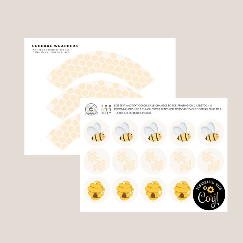 BEE-DAY Party Cupcake Toppers Wrappers Editable on Corjl - Etsy