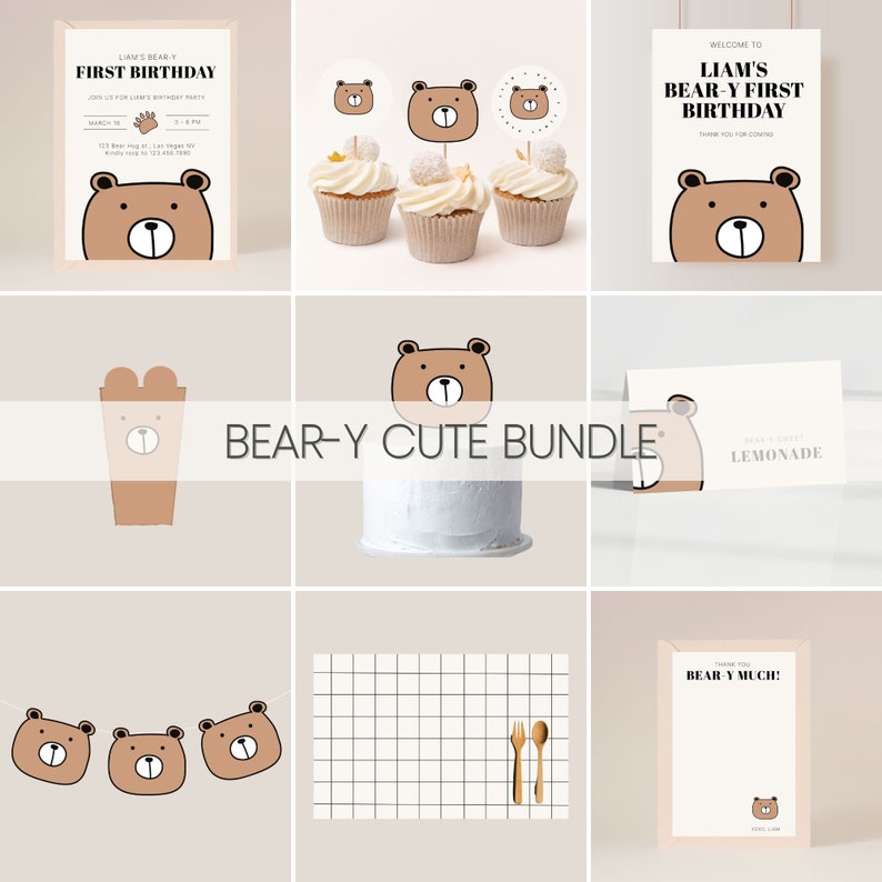 Bear-y First Birthday Party Bundle Editable on Corjl Instant Download ...