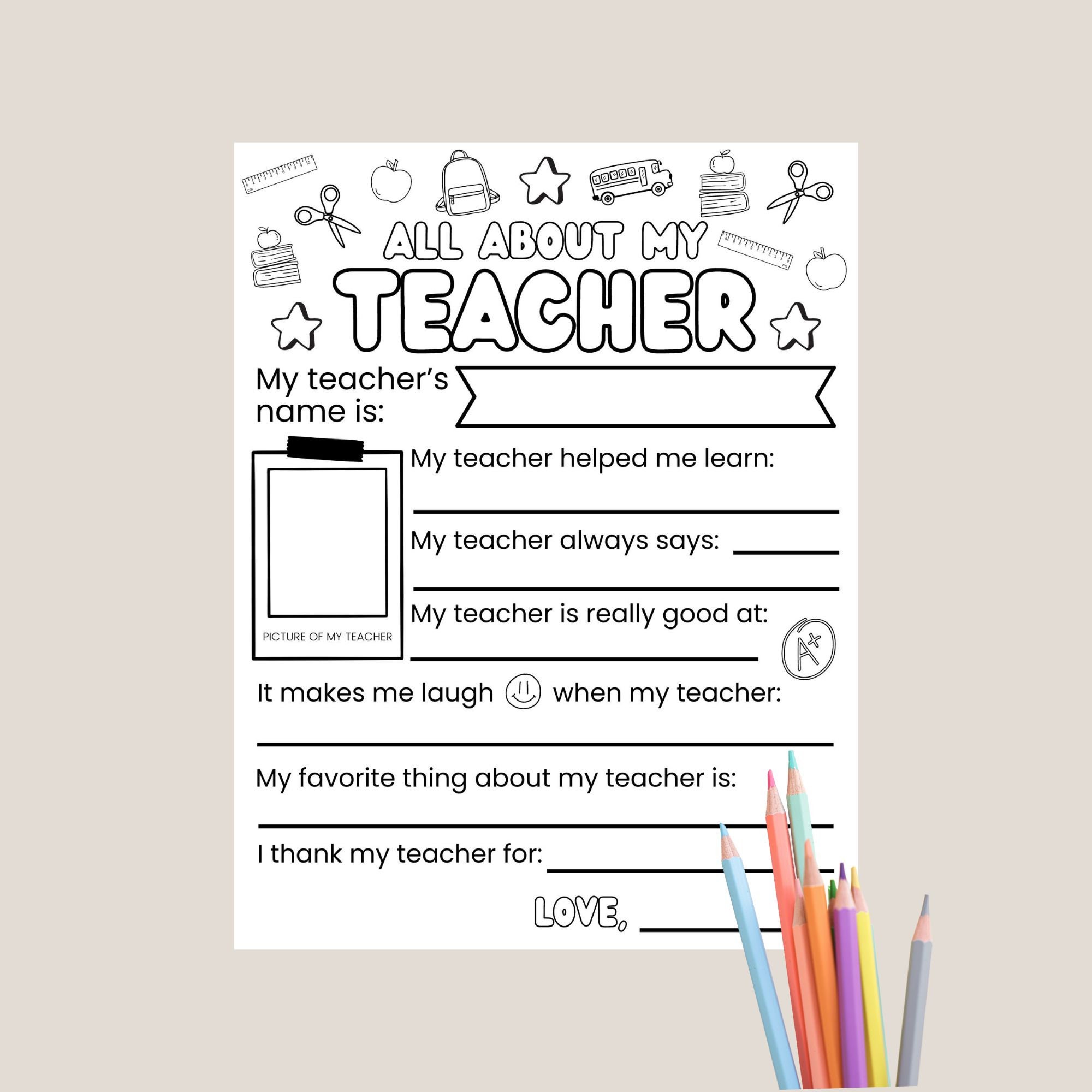 All About My Teacher Coloring Page Instant Download Printable - Etsy