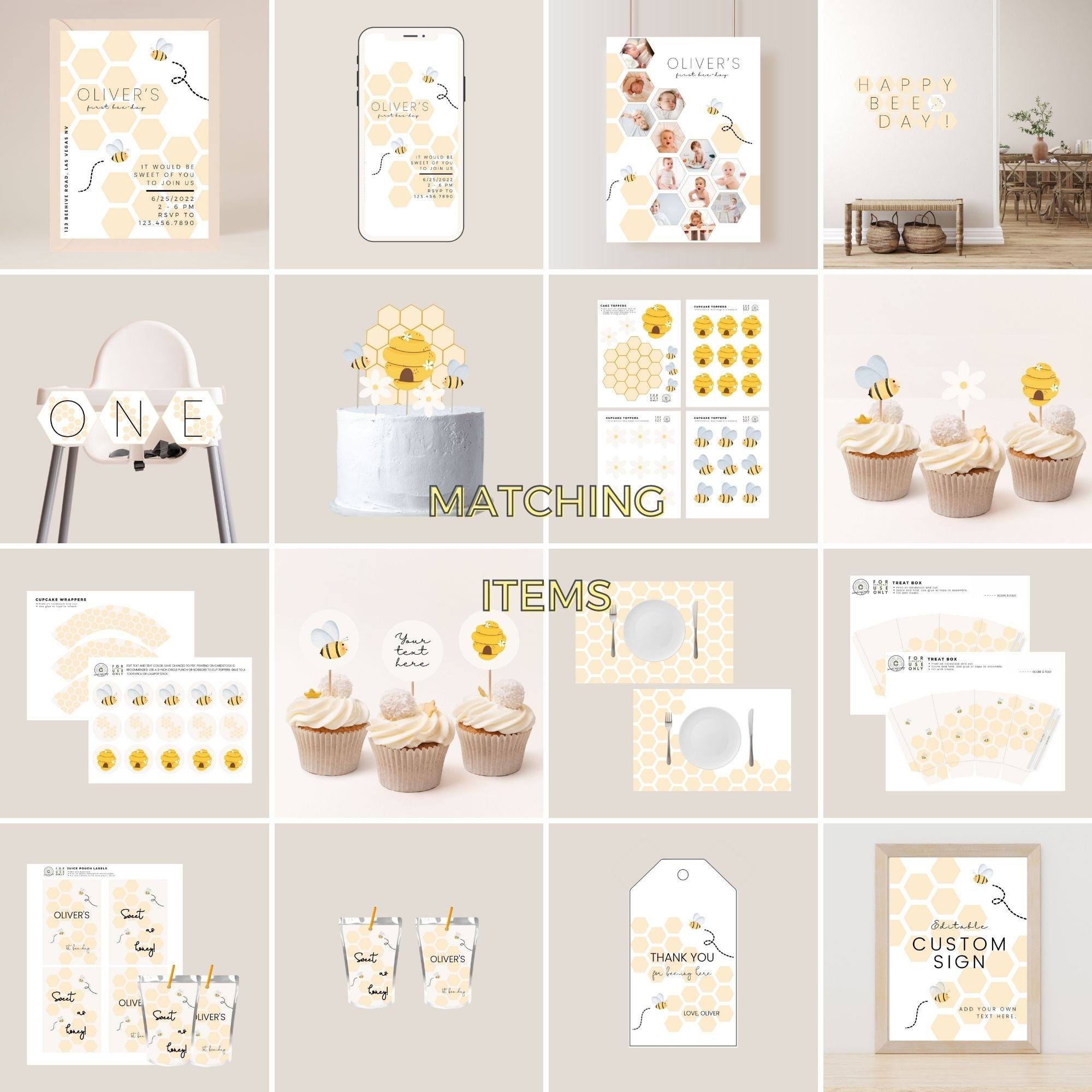 BEE-DAY Party Cupcake Toppers Wrappers Editable on Corjl - Etsy