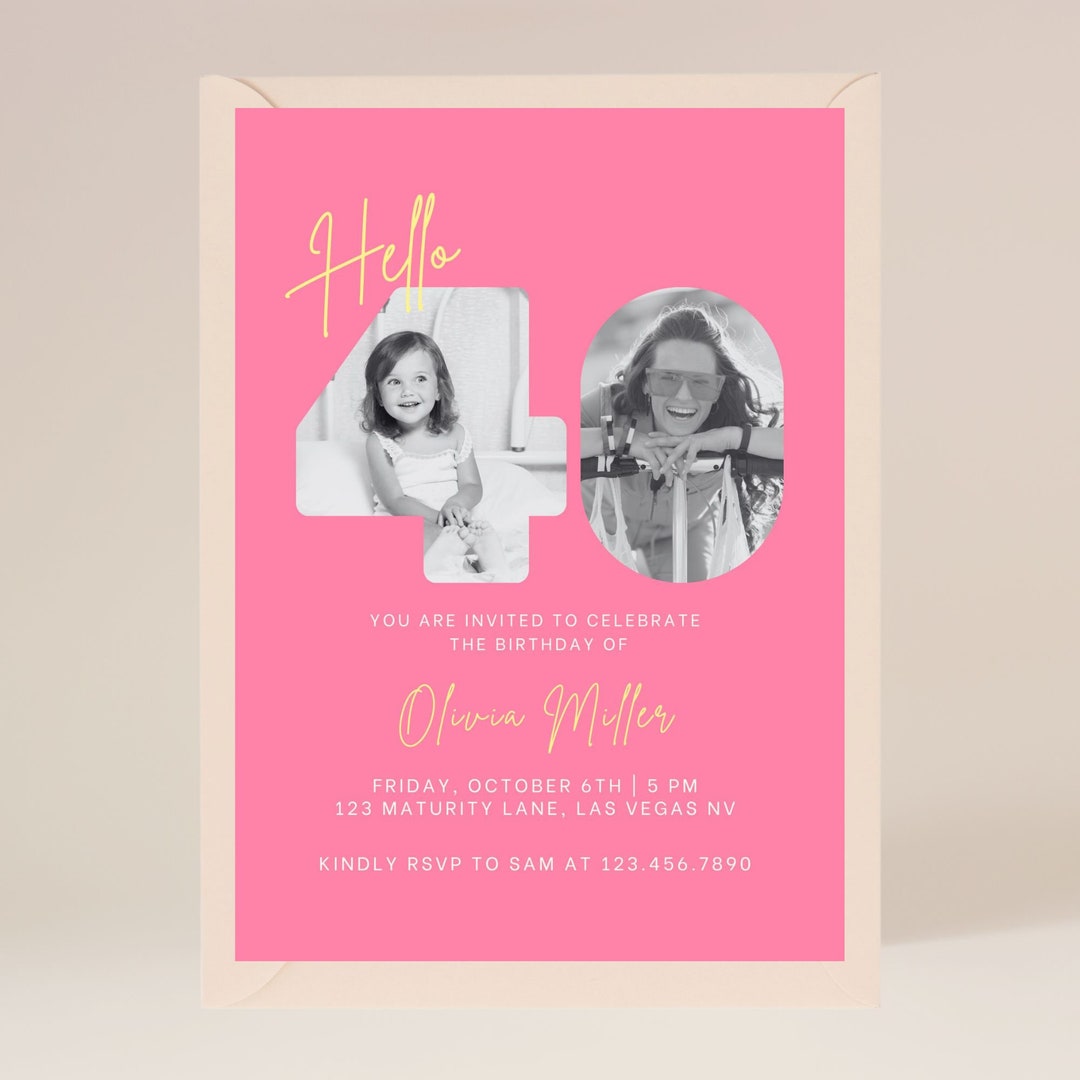 Hello Forty Birthday Party Invitation Pink With Photo | Digital ...
