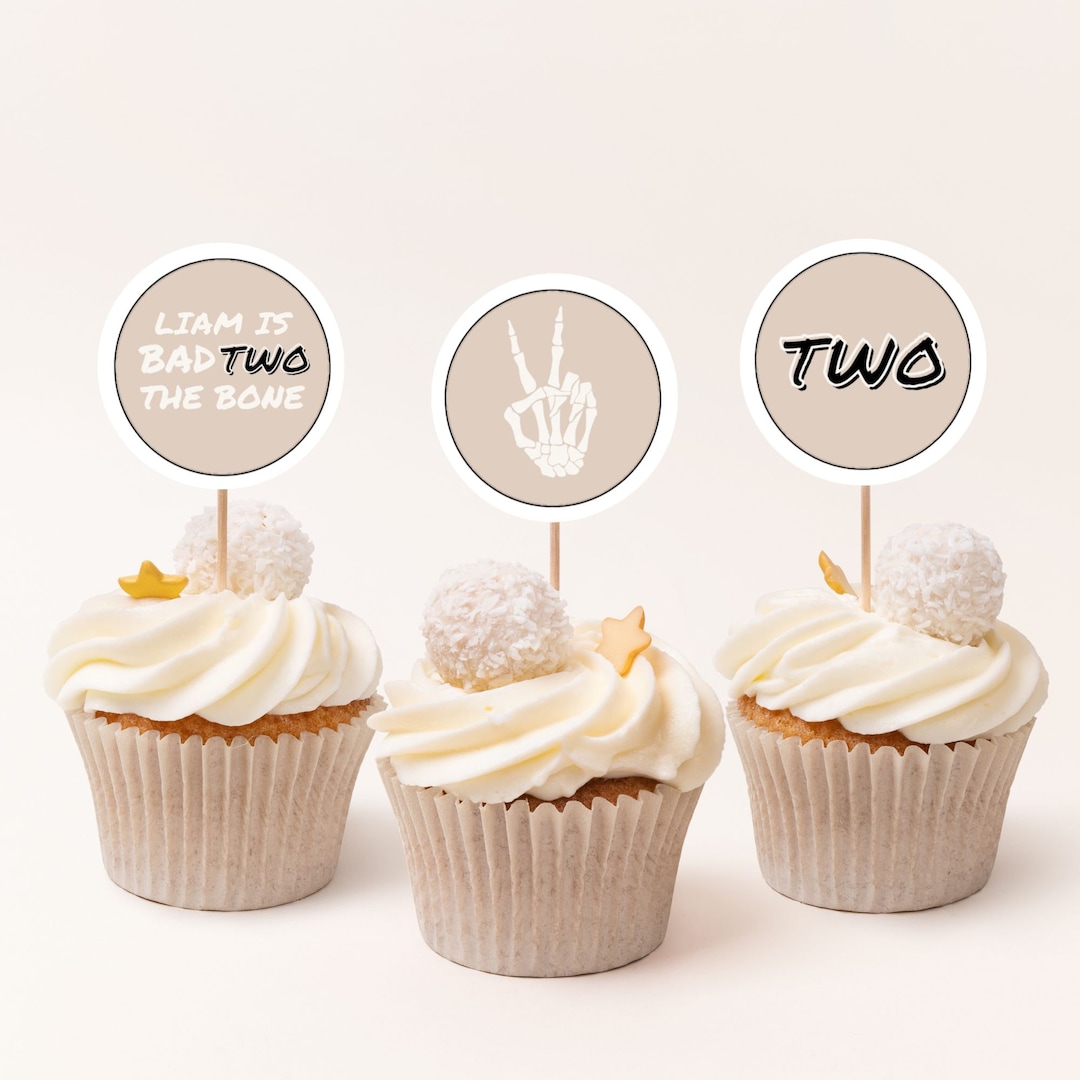 Bad TWO the Bone Cupcake Toppers and Wrapper | Tan | Editable Digital ...
