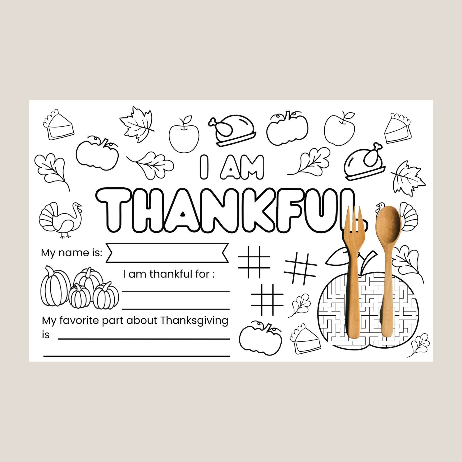 I Am Thankful // Happy Thanksgiving Placemat | Instant Download ...